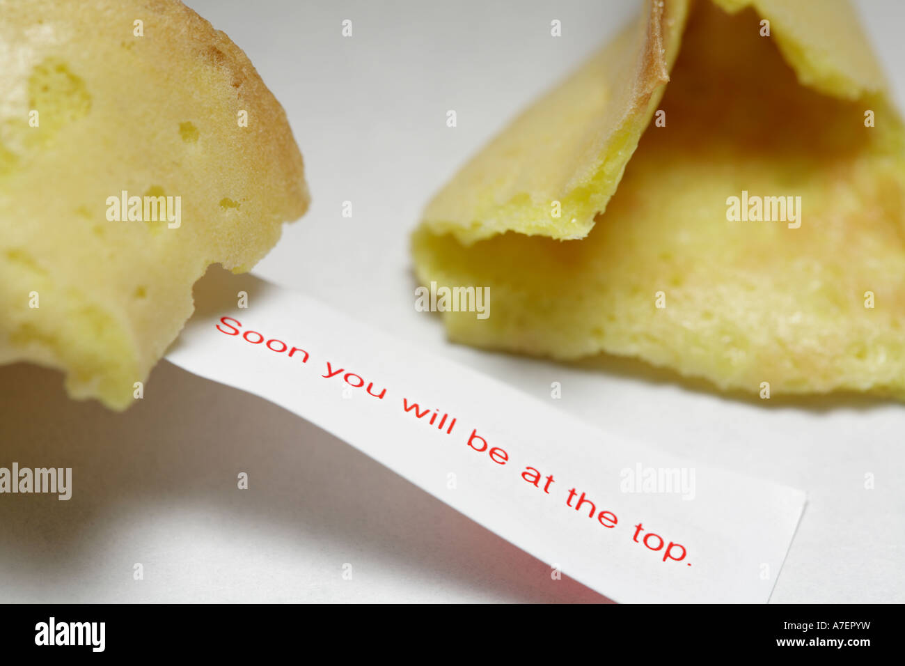 Fortune cookie broken open revealing positive message SOON YOU WILL BE ... Fortune cookie broken open revealing positive message SOON YOU WILL BE ...