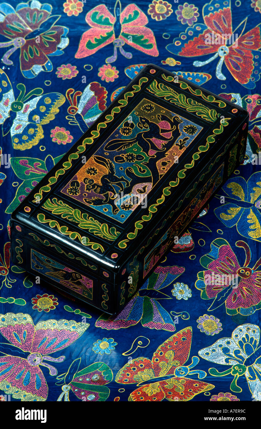 Mexico, Mexican traditional ethnic arts: Laquered wood box and tray ...