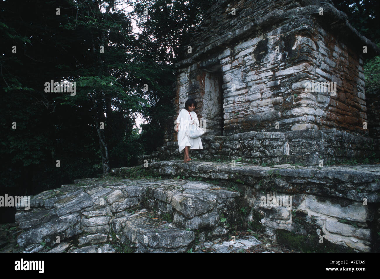 Mexico, Chiapas, Bonampak, Selva Lacandona. Lacandon Indian boy, among ...