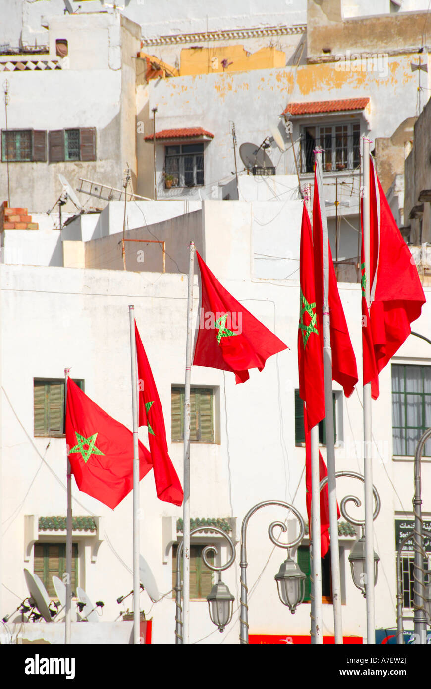 Red national flags white houses Moulay Idriss Morocco Stock Photo - Alamy