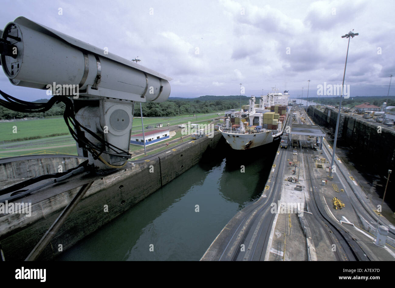 CA, Panama, Panama Canal, Ship in Gatun Locks, view from control center ...
