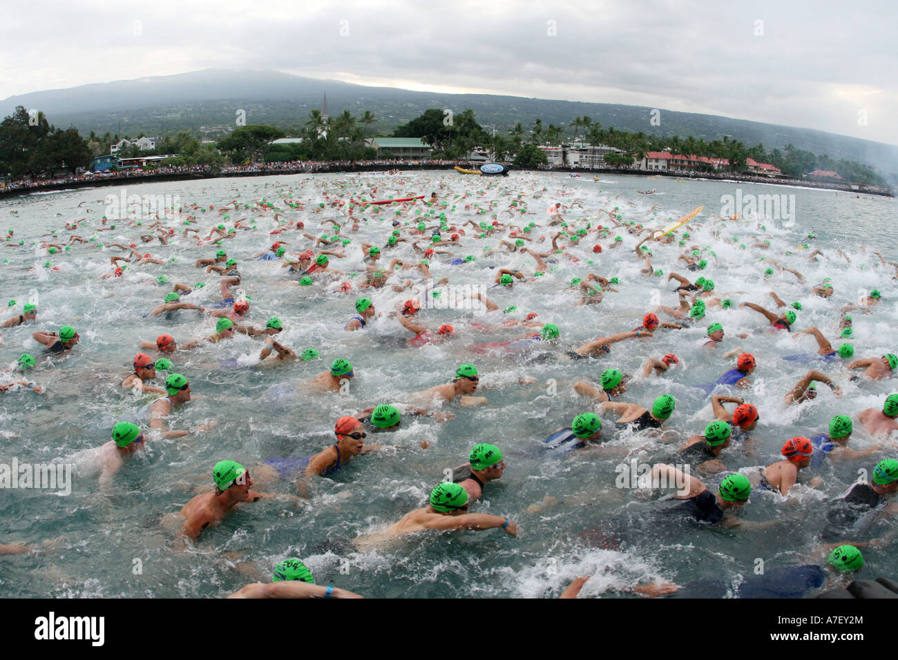 Participants of the Ironman Triathlon contest in Hawaii starting the ...
