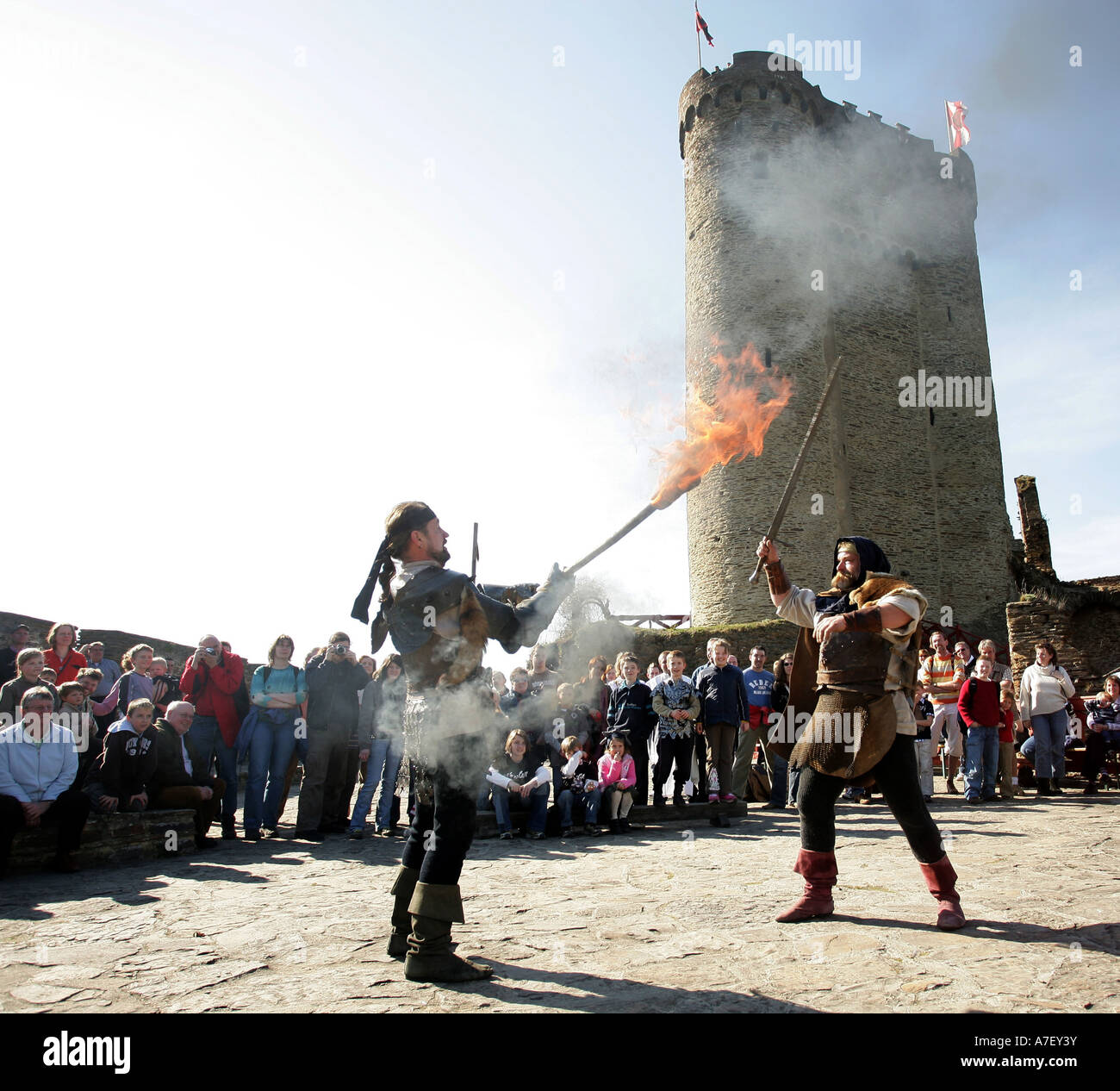 Duel between two knights on castle Ehrenburg, Brodenbach, Rhineland ...