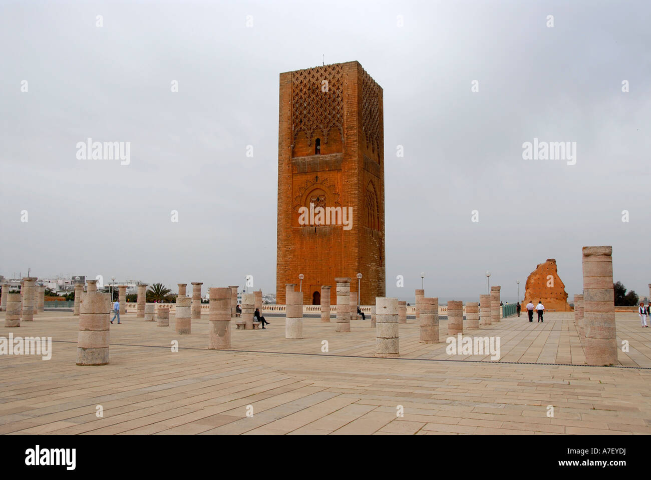 Unfinished minaret tower of Hassan with pillars at the square Rabat ...