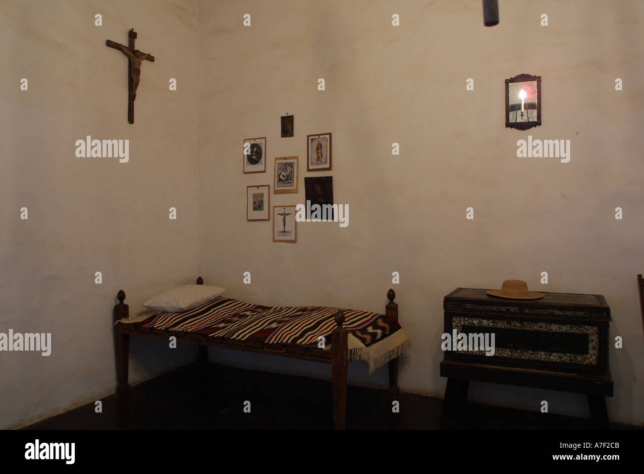 Bed and trunk in Priest's quarters at Mission La Purisima est 1787 ...