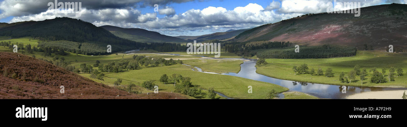 Panorama of River Dee Valley & flood plain; Summer landscape towards ...