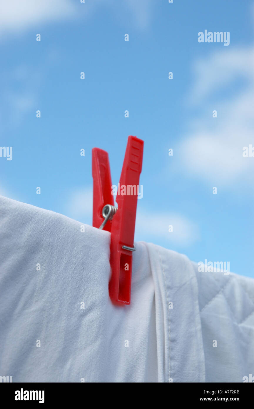Red clothes peg on a washing line Stock Photo - Alamy
