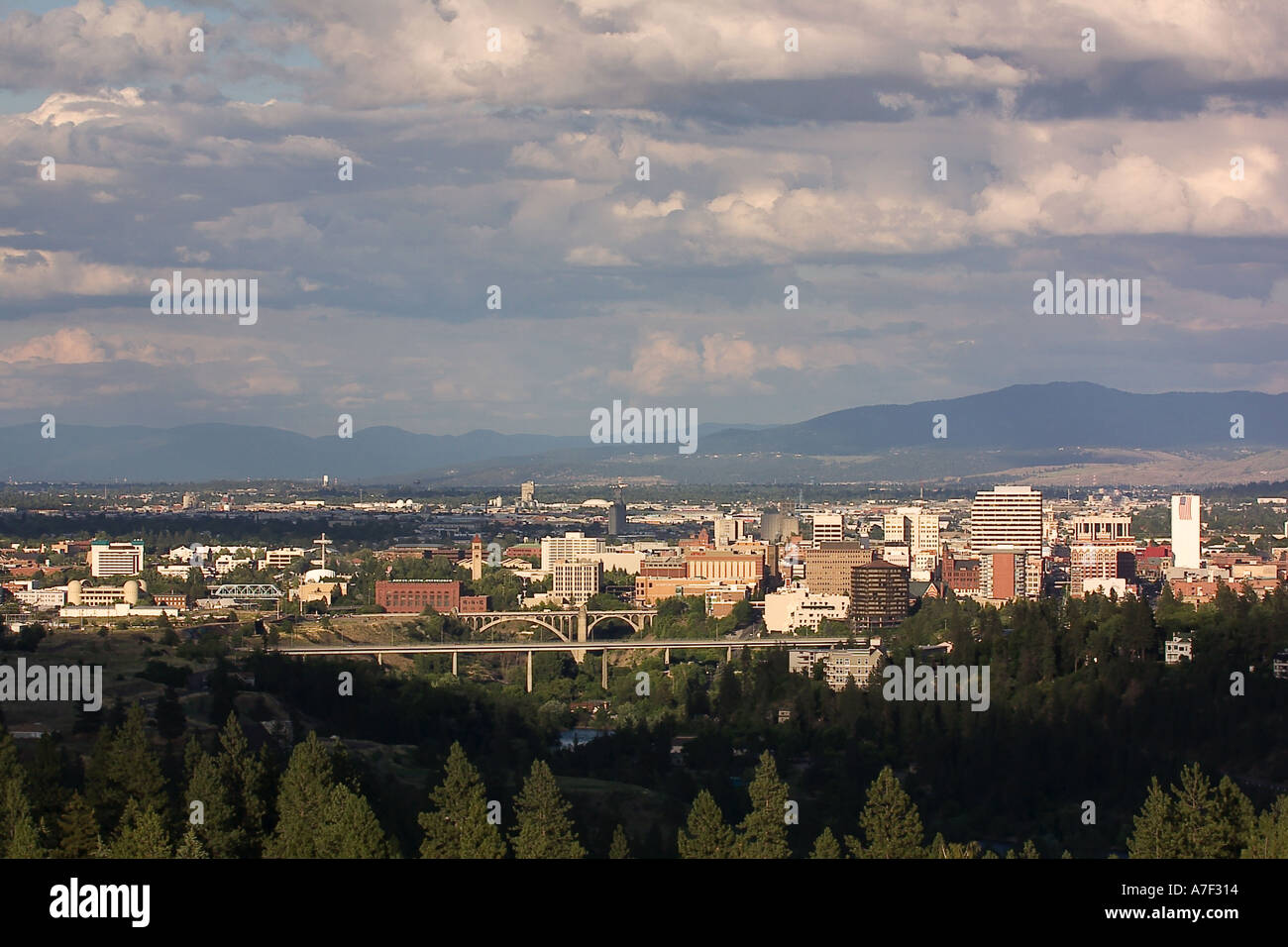 Spokane skyline cityscape horizon buildings city bridges panorama hills ...