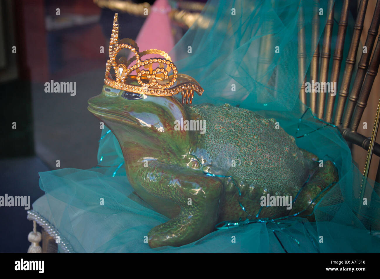 Frog Prince sits on ornate chair and cushion in window of Aurora ...