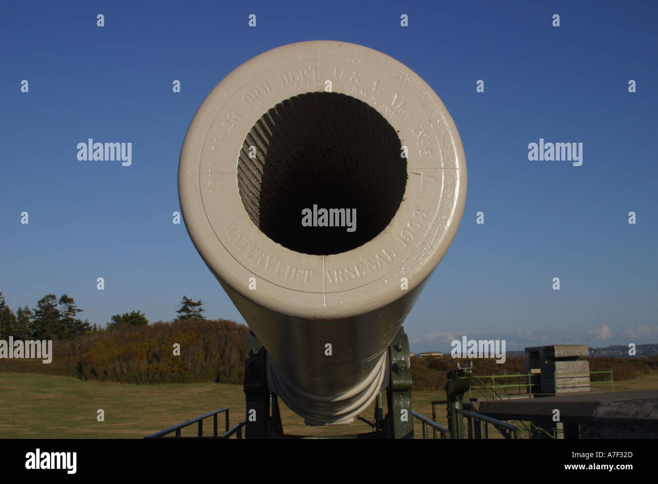 Artillery Gun barrel overlooks Admiralty Inlet from 1890's Fort Casey ...