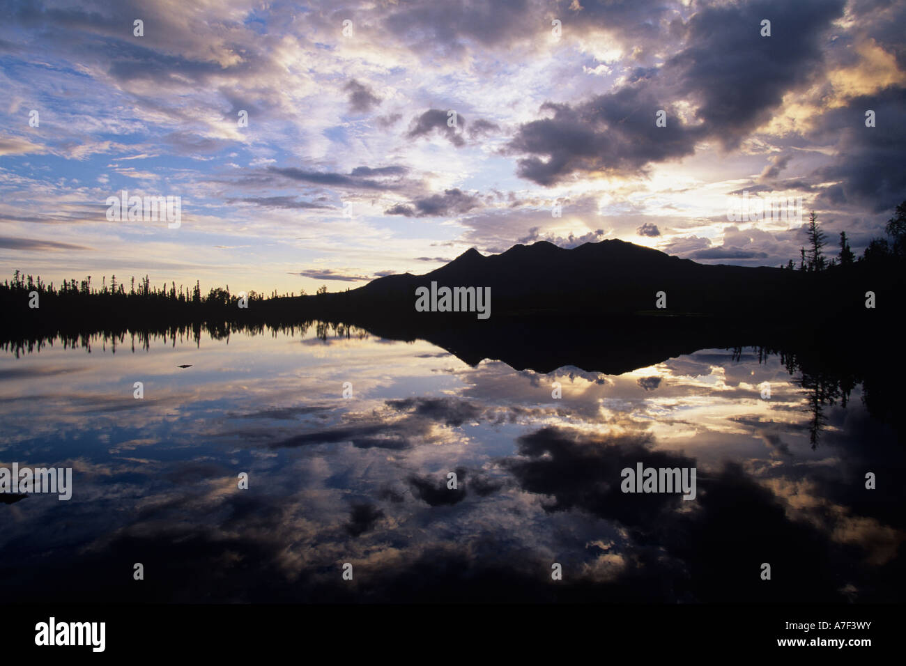 USA Alaska Coldfoot Setting midnight sun relfected in pond along Dalton ...