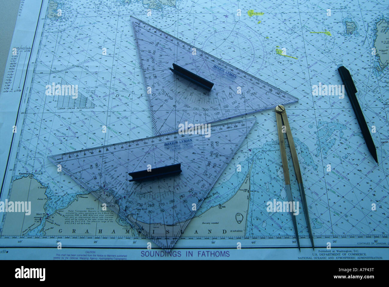 USA Alaska Navigational tools and charts on bridge of Alaska Ferry MV ...