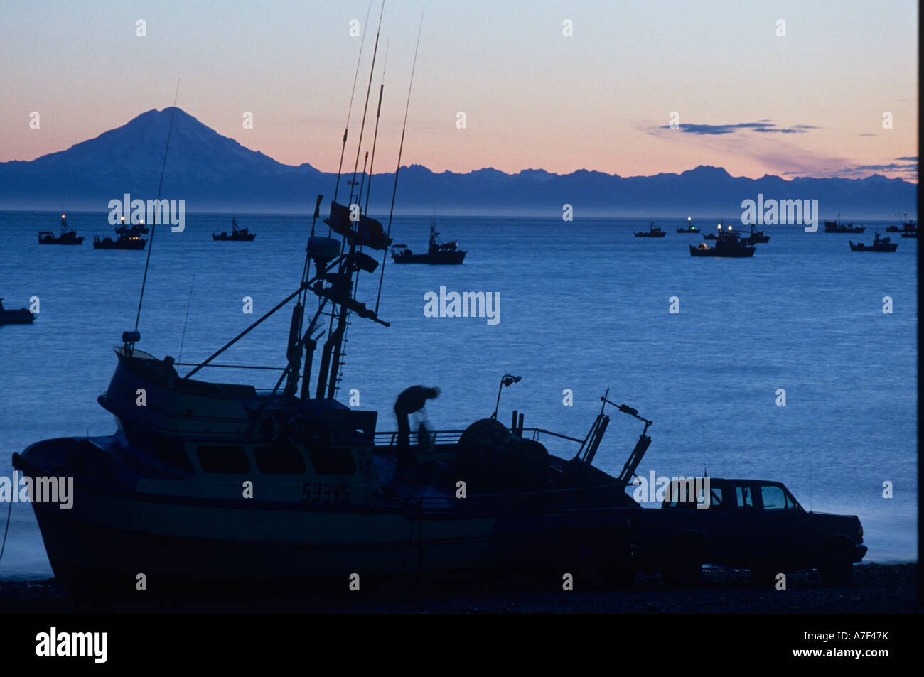 USA Alaska Fishing boat grounded at low tide on Ninilchik Beach on ...