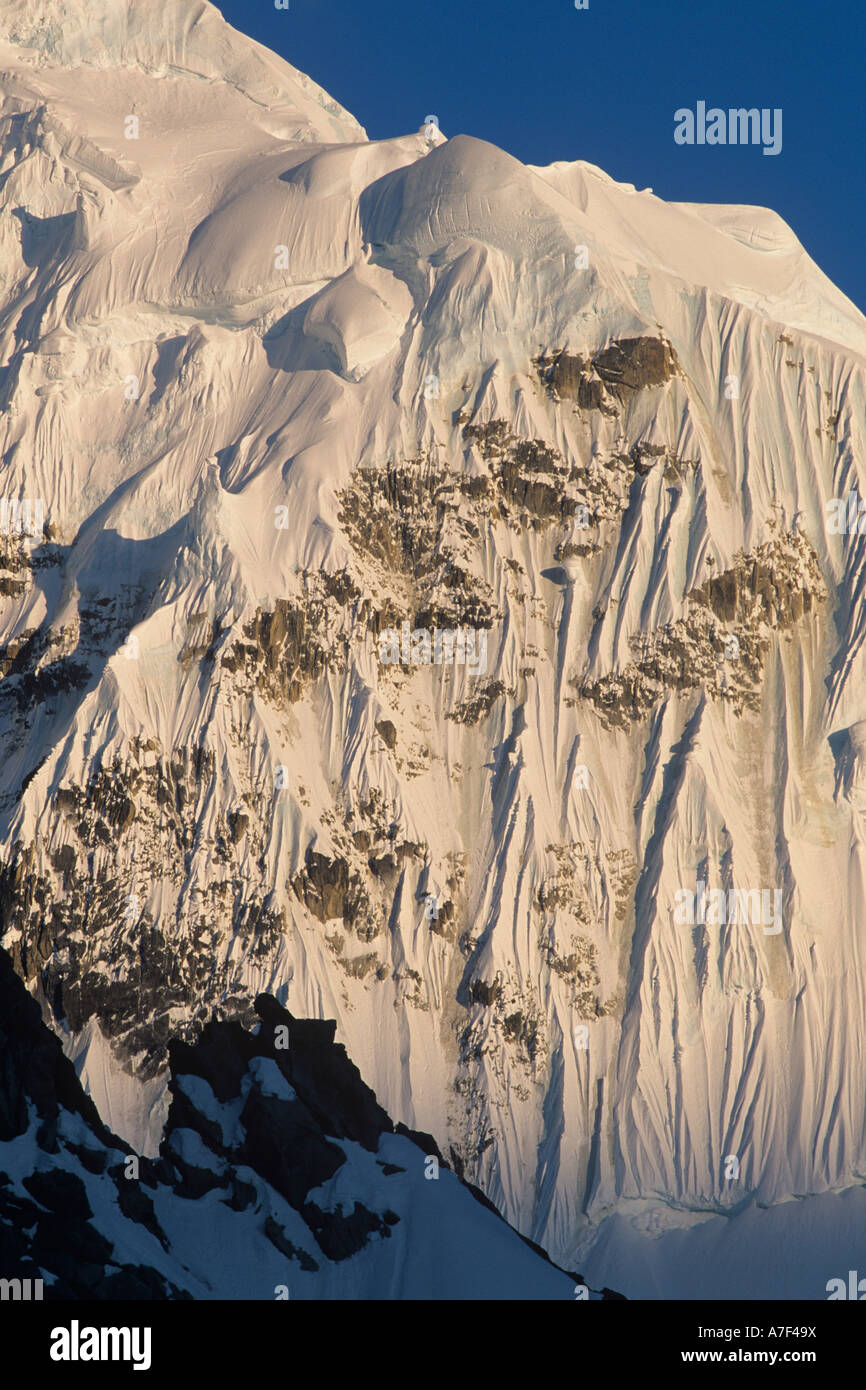 USA Alaska Southwest Ridge of Mount Hunter flanked with ice and snow ...