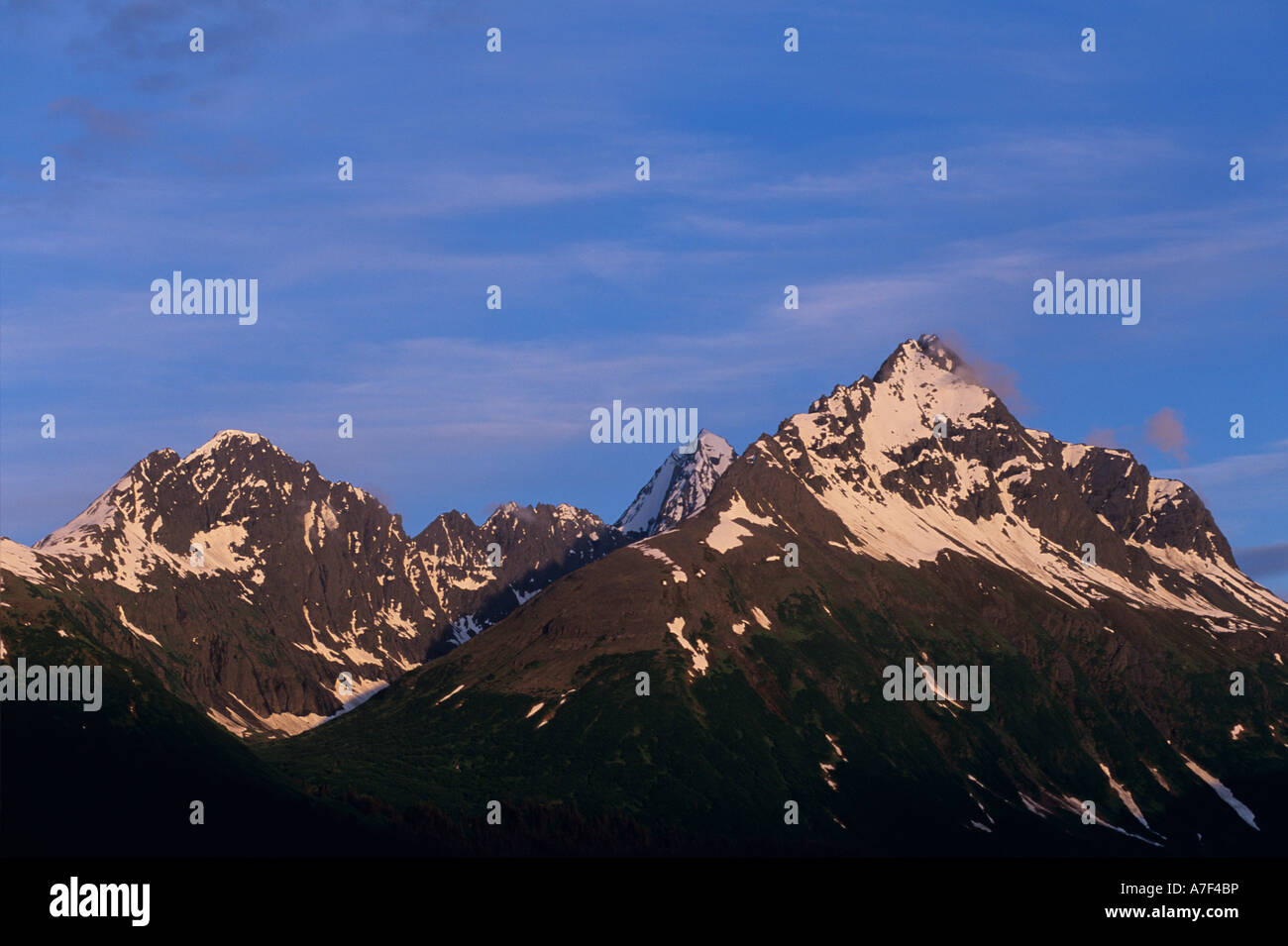 USA Alaska Setting sun lights Chilkat Range peaks above Lynn Canal near ...