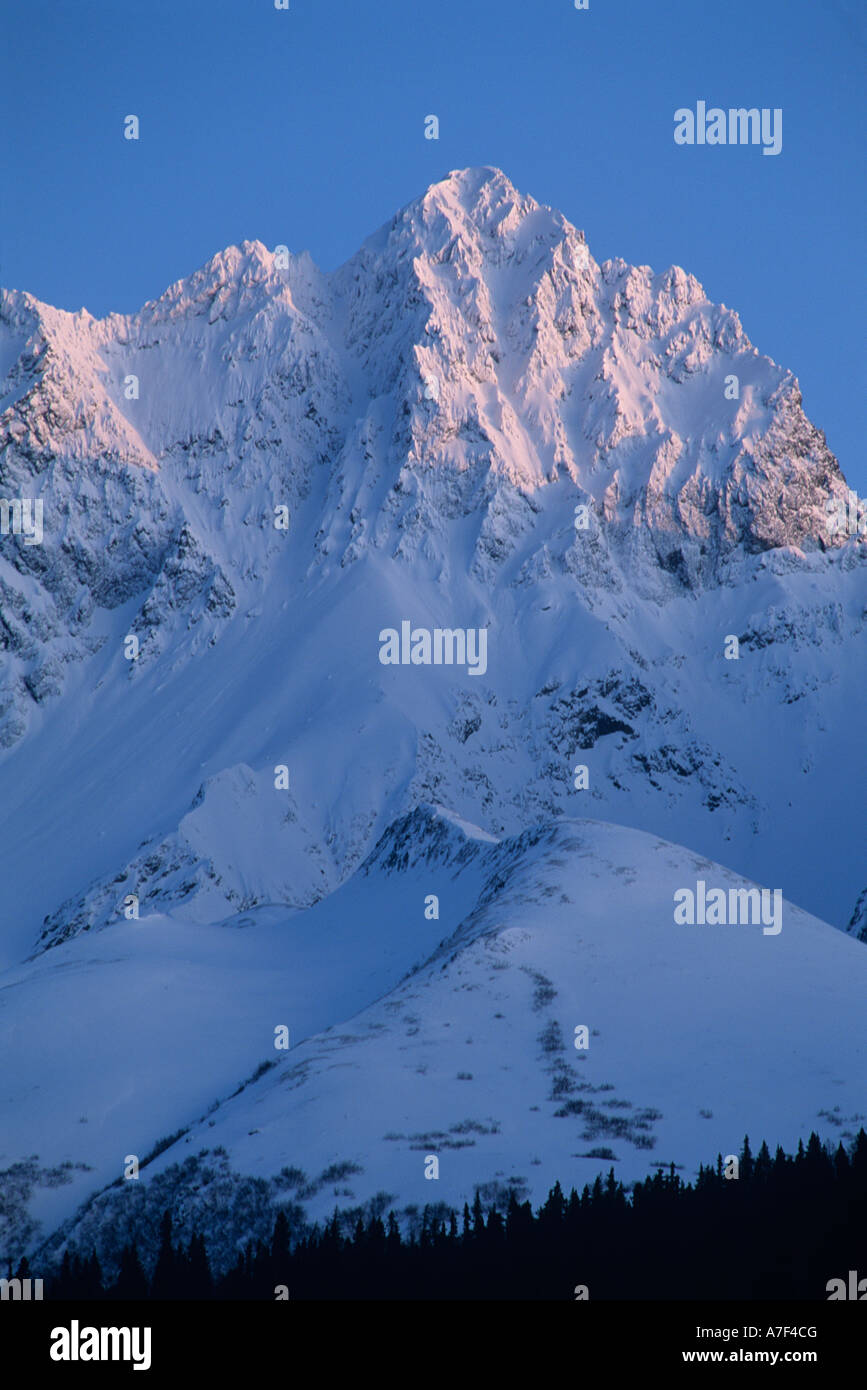USA Alaska Chugach National Forest Alpenglow lights Chugach Range peaks ...