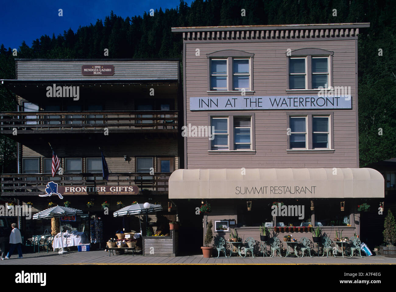 USA Alaska Inside Passage Juneau Wooden storefronts on rare sunny day ...