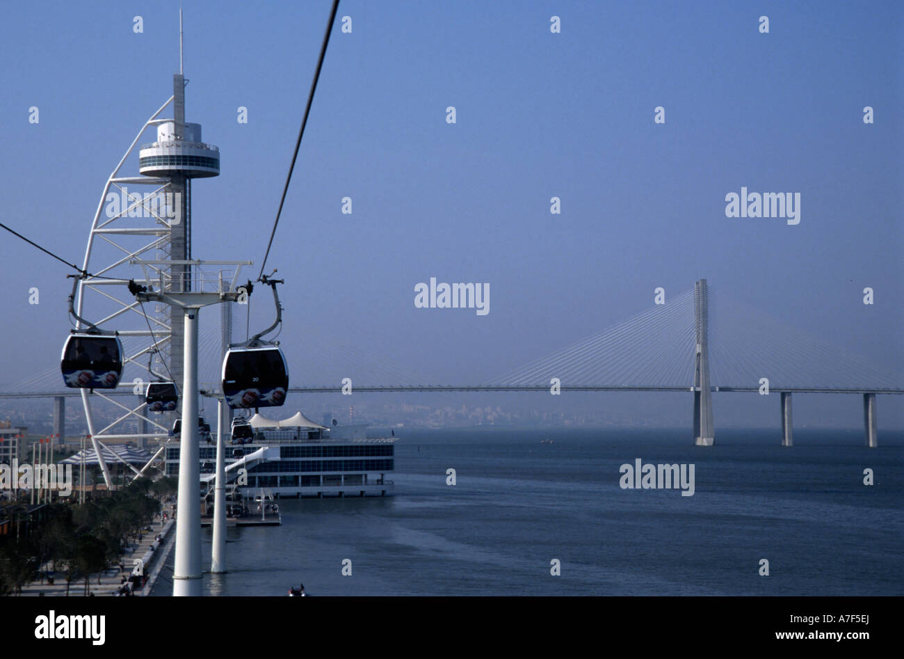 Cable cars at Expo 98 with Vasco da Gama Bridge on Rio Tejo, Lisbon ...