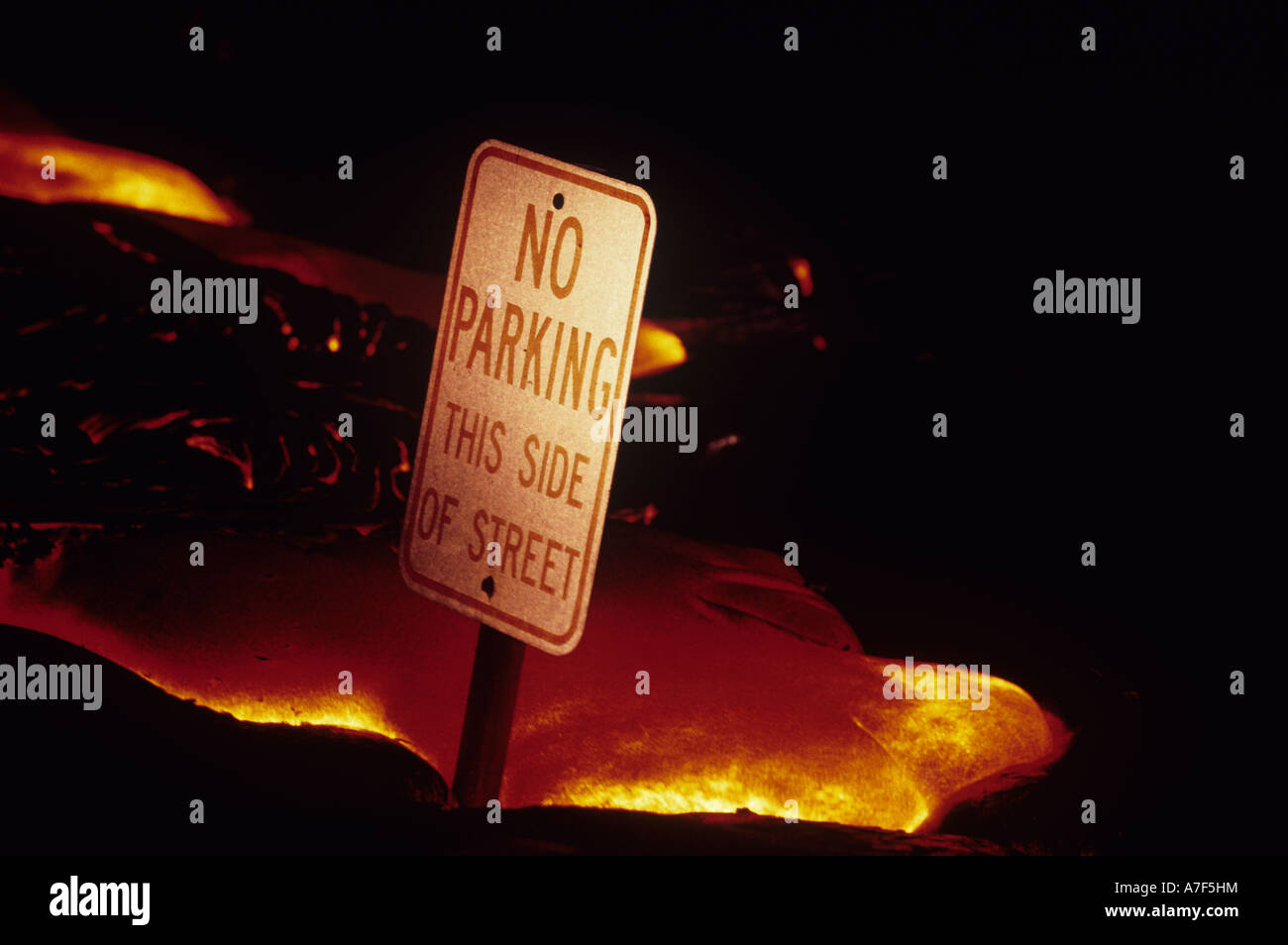 USA Hawaii Volcanoes National Park Lava covers No Parking sign along ...