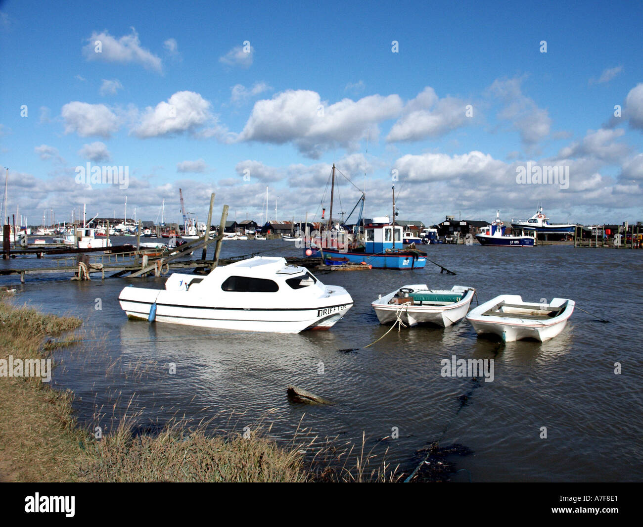 Walberswick near Southwold River Blyth high tide little boats moored at ...