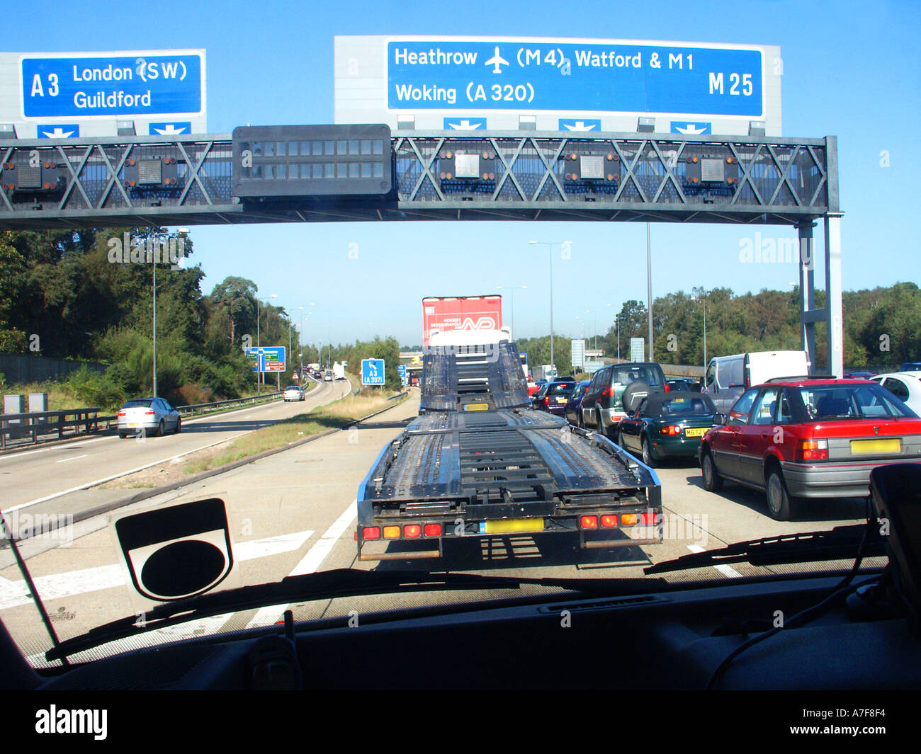 M25 motorway Southern section at Junction 10 stationary traffic below ...