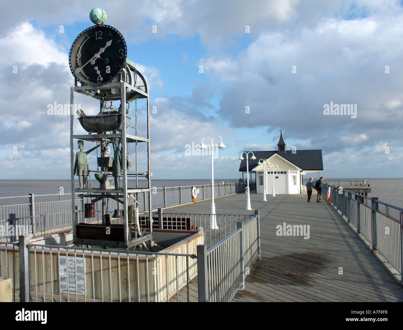 Clock and water sculpture on restored pier at this North Sea East Coast ...