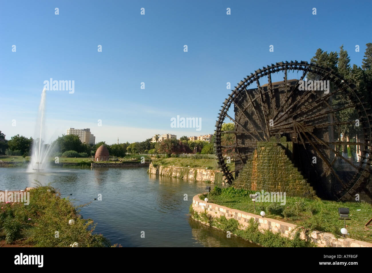 fountain water wheel on the Orontes River Hama Syria Middle East Stock ...