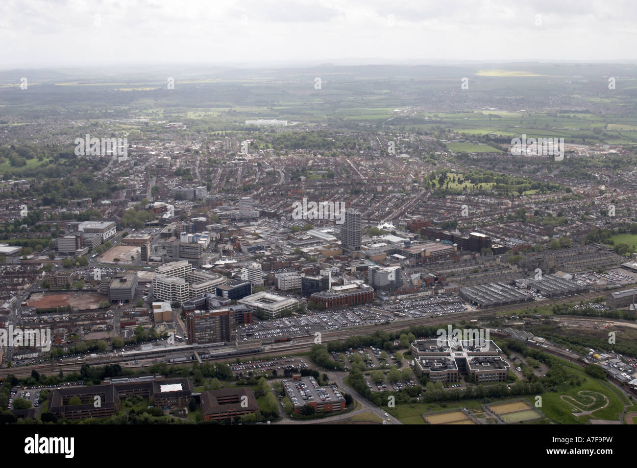 High level oblique aerial view south west of city centre buildings and ...