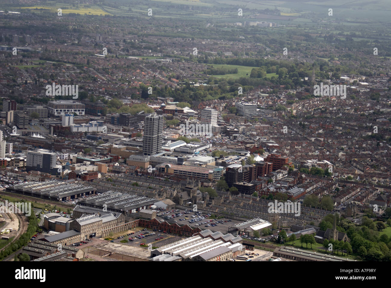 High level oblique aerial view south east of city centre buildings and ...