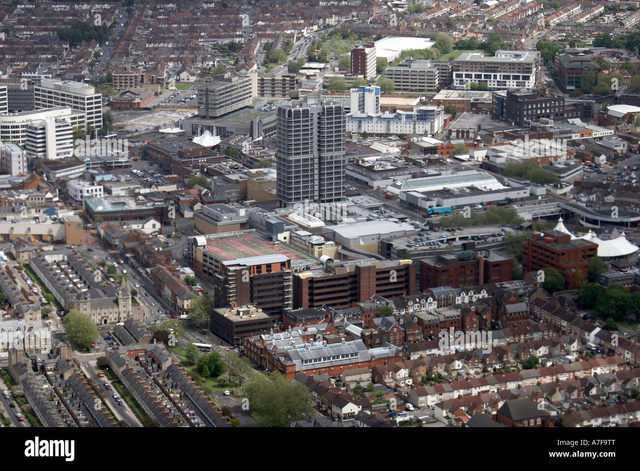 High level oblique aerial view south east of city centre buildings and ...