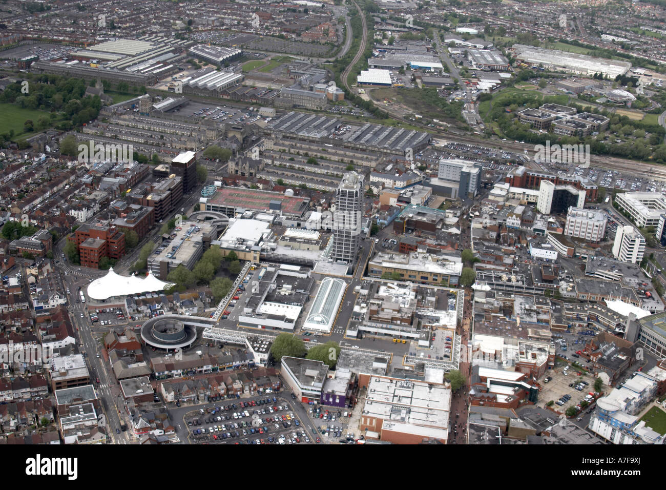 High level oblique aerial view south east of city centre buildings and ...