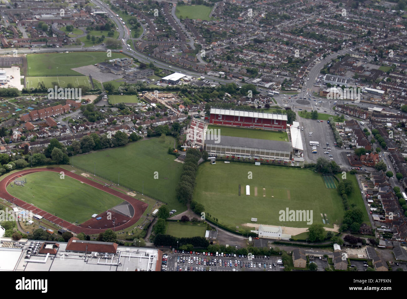 High level oblique aerial view south east of Swindon Town Football Club ...