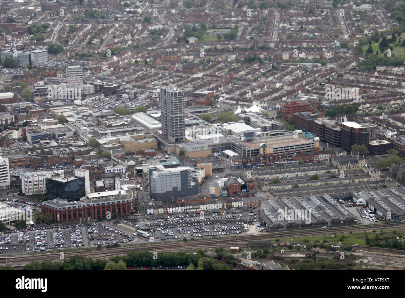 High level oblique aerial view south east of city centre buildings and ...