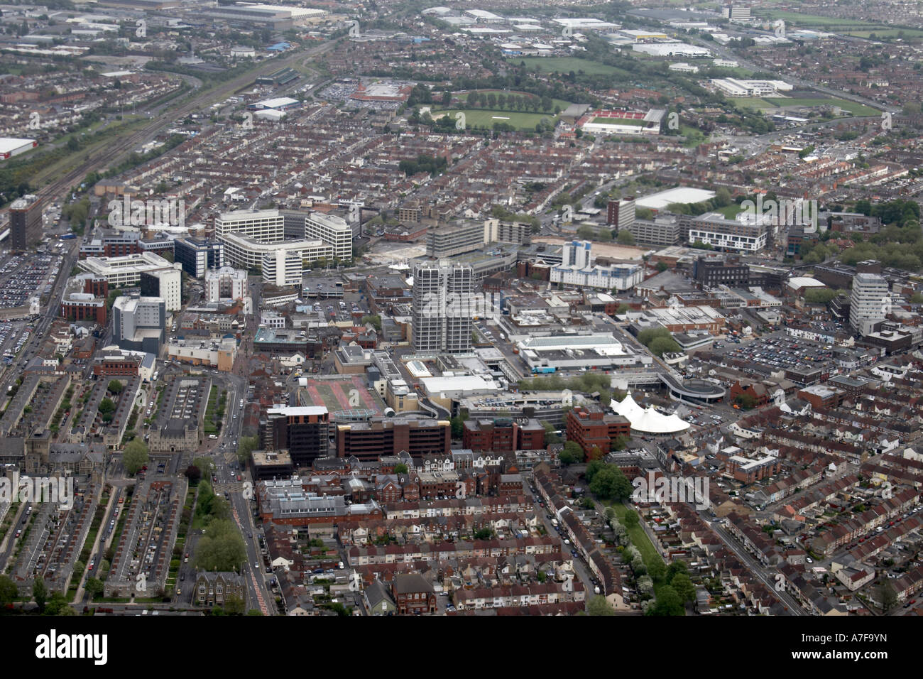 High level oblique aerial view south east of city centre buildings and ...