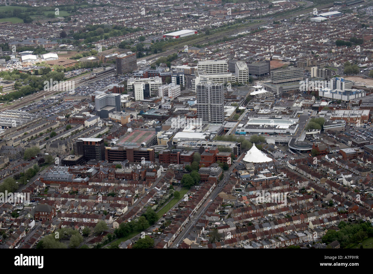 High level oblique aerial view south east of city centre buildings and ...