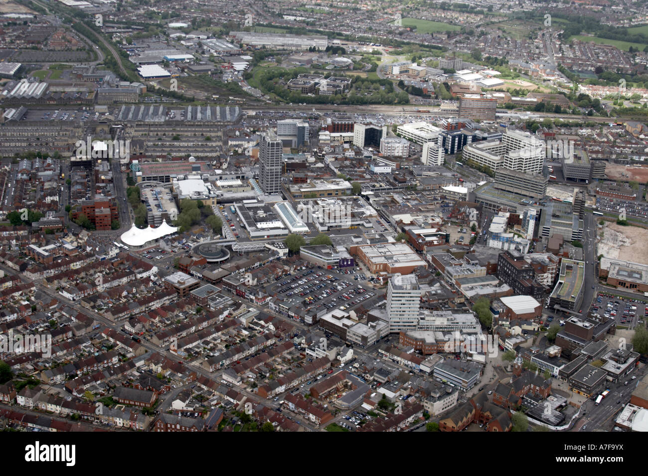 High level oblique aerial view south east of city centre buildings and ...