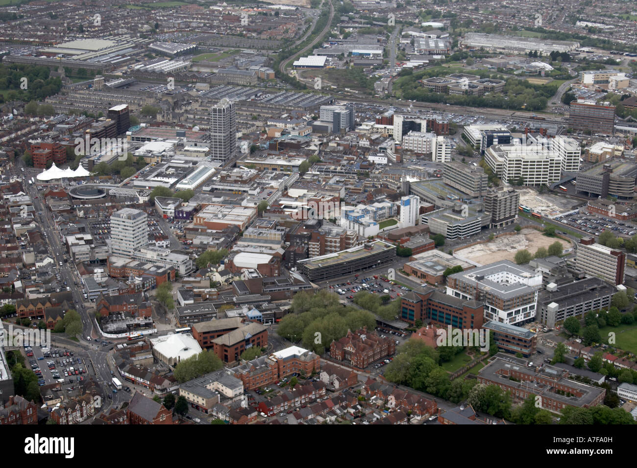 High level oblique aerial view south east of city centre buildings and ...