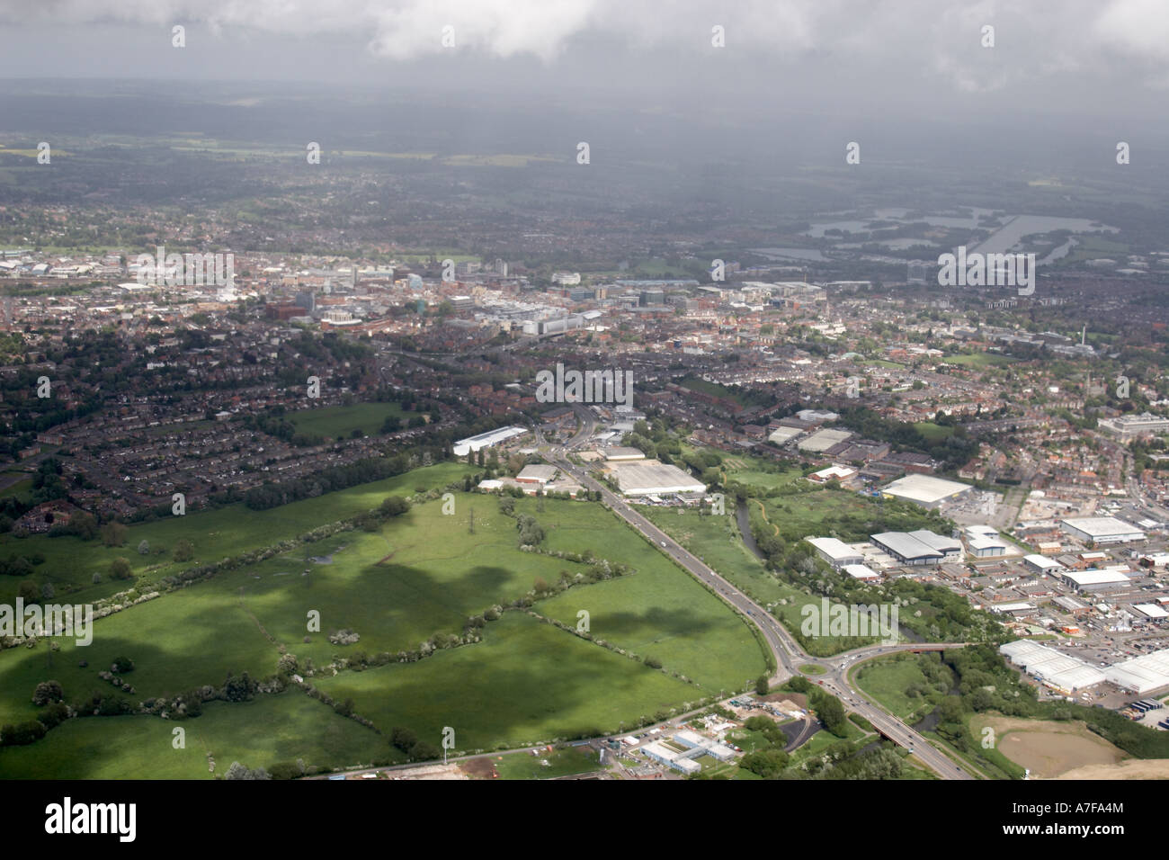 High level oblique aerial view east of residential and commercial area ...