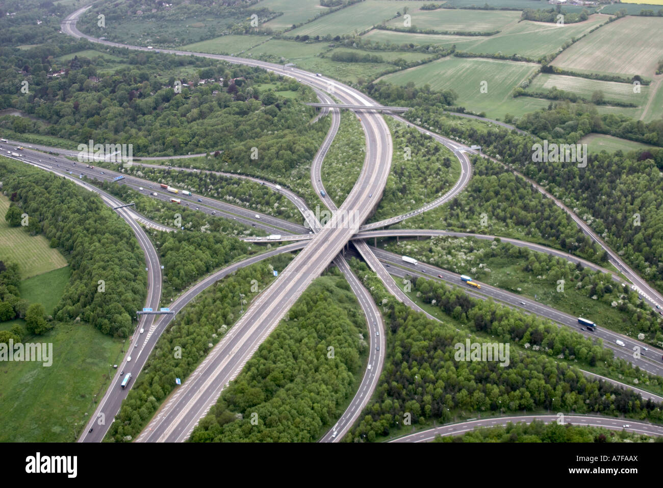 High level oblique aerial view north of M25 Junction 8 and M23 Junction ...