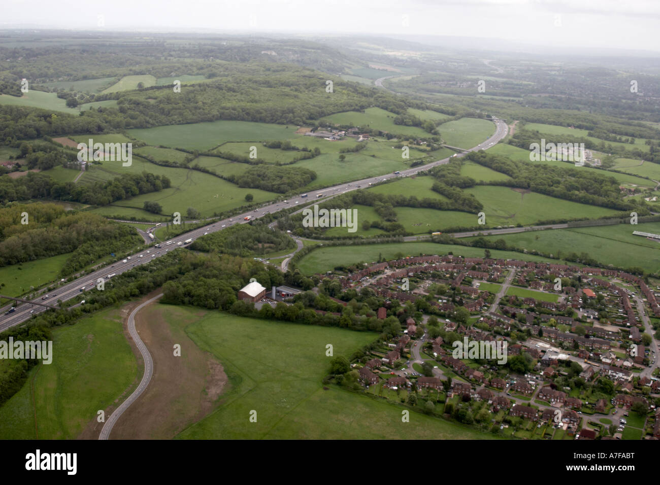 High level oblique aerial view north east of M25 Godstone Interchange ...
