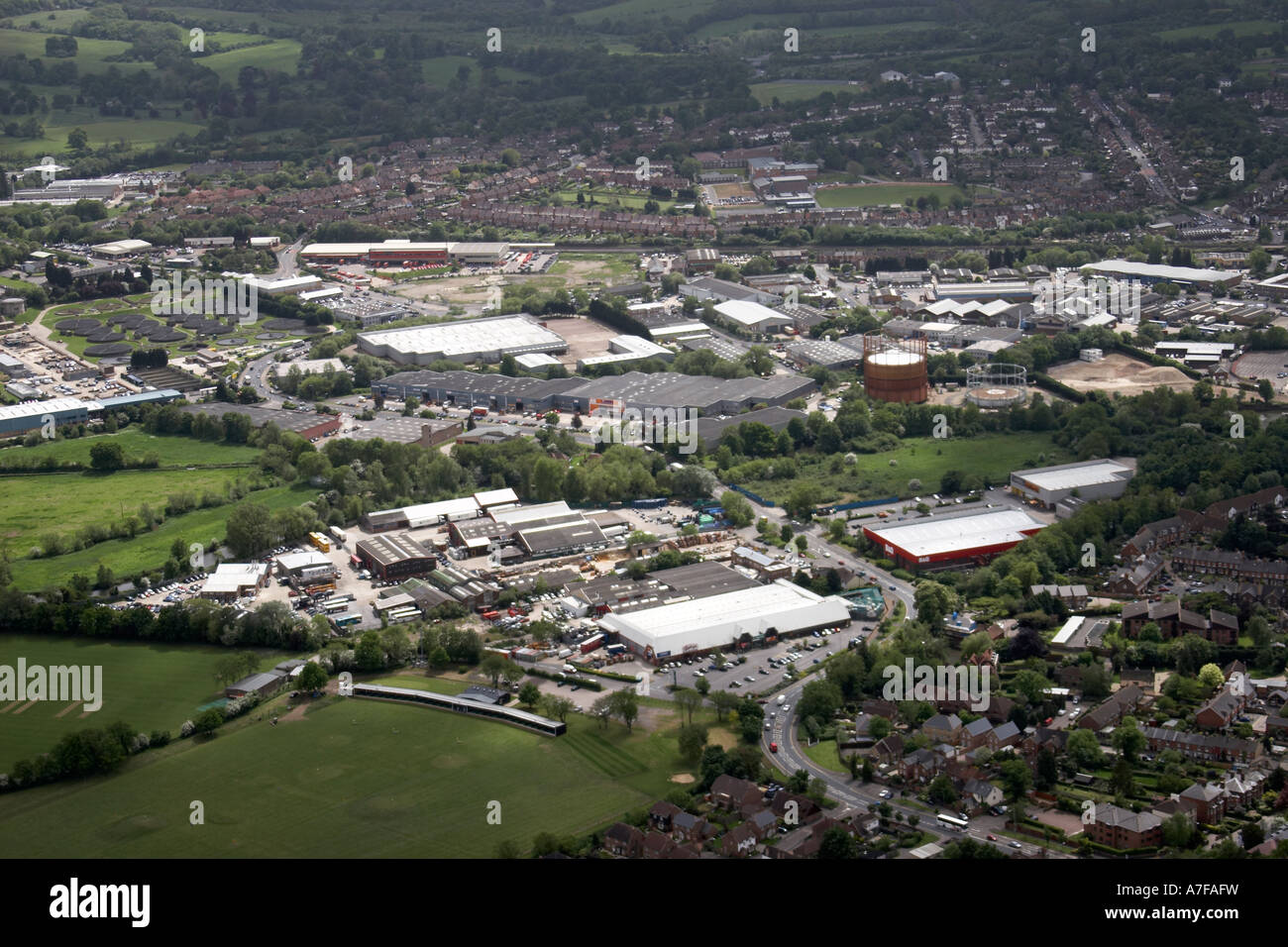 High level oblique aerial view north east of water works and railway ...