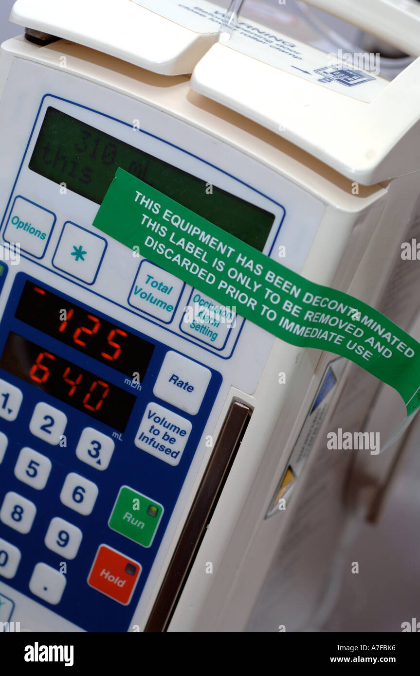 Label on hospital drip monitor equipment showing that it is clean Stock ...