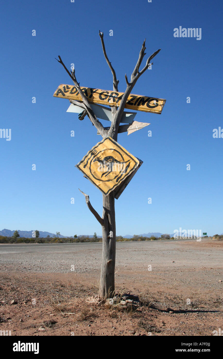 Road sign at Parachilna. Part of the Flinders Ranges, South Australia ...