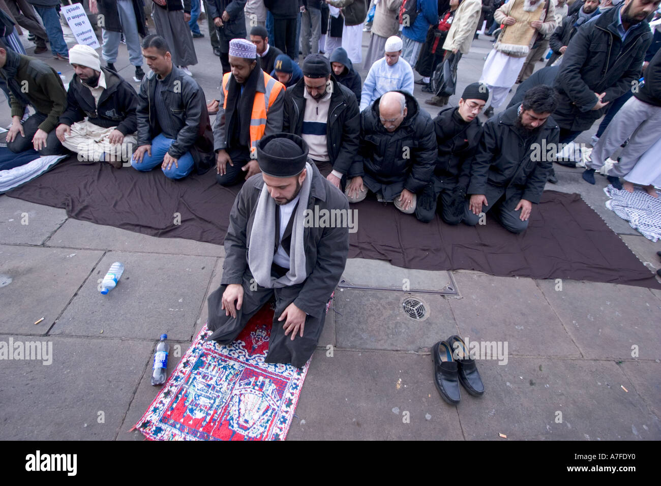 Muslim protester at Danish Cartoon meeting at Trafalgar square take ...