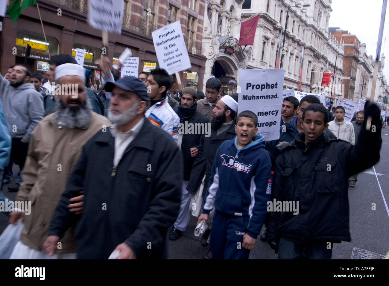 Shouting Muslim protest at publication of cartoon in Jyllands Posten ...