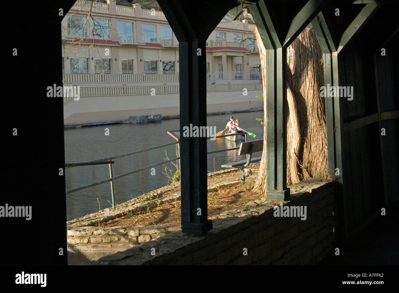 Covered patio overlooking lake Stock Photo - Alamy