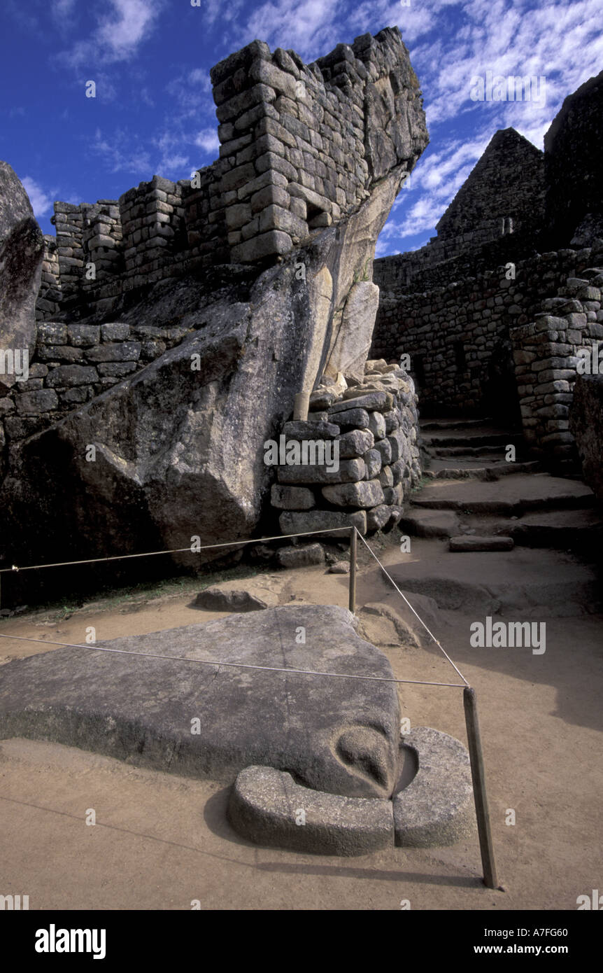 SA, Peru, Machu Picchu, Condor,Temple, rock of Condor Head, foreground ...
