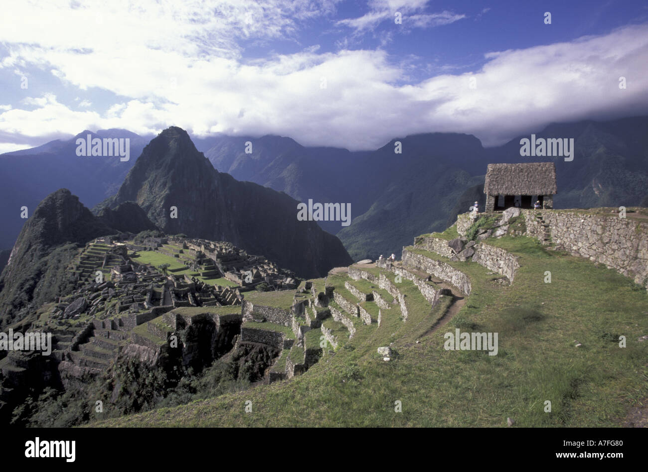 SA, Peru, Machu Picchu Guard House and Machu Picchu from Upper Cemetery ...