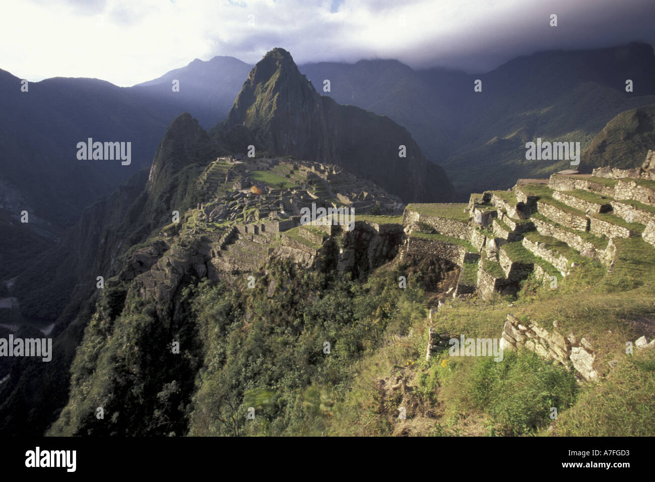 SA, Peru, Machu Picchu Ruins showing recent reconstruction Stock Photo ...