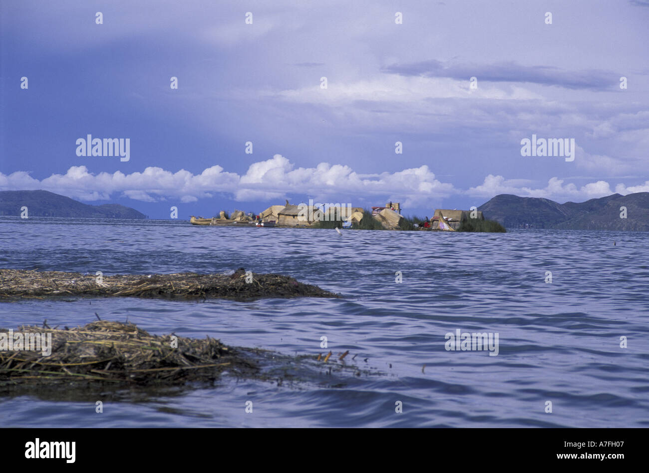 Peru, Lake Titicaca, Uros Floating Islands with reed homes Stock Photo ...